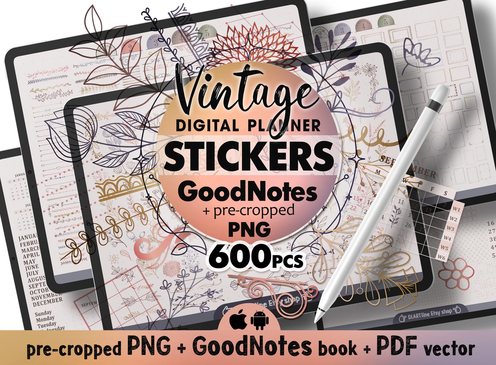 Functional Stickers for Digital Planner, Digital Sticker Book, Vintage ...