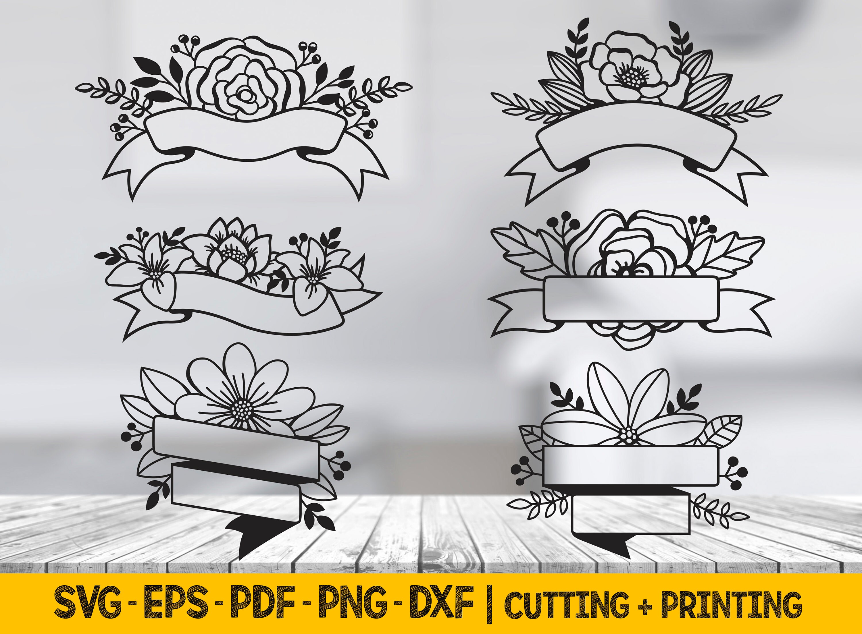 Floral Banner Svg Files for Cricut, Vintage Ribbon Banner Svg, Wedding ...