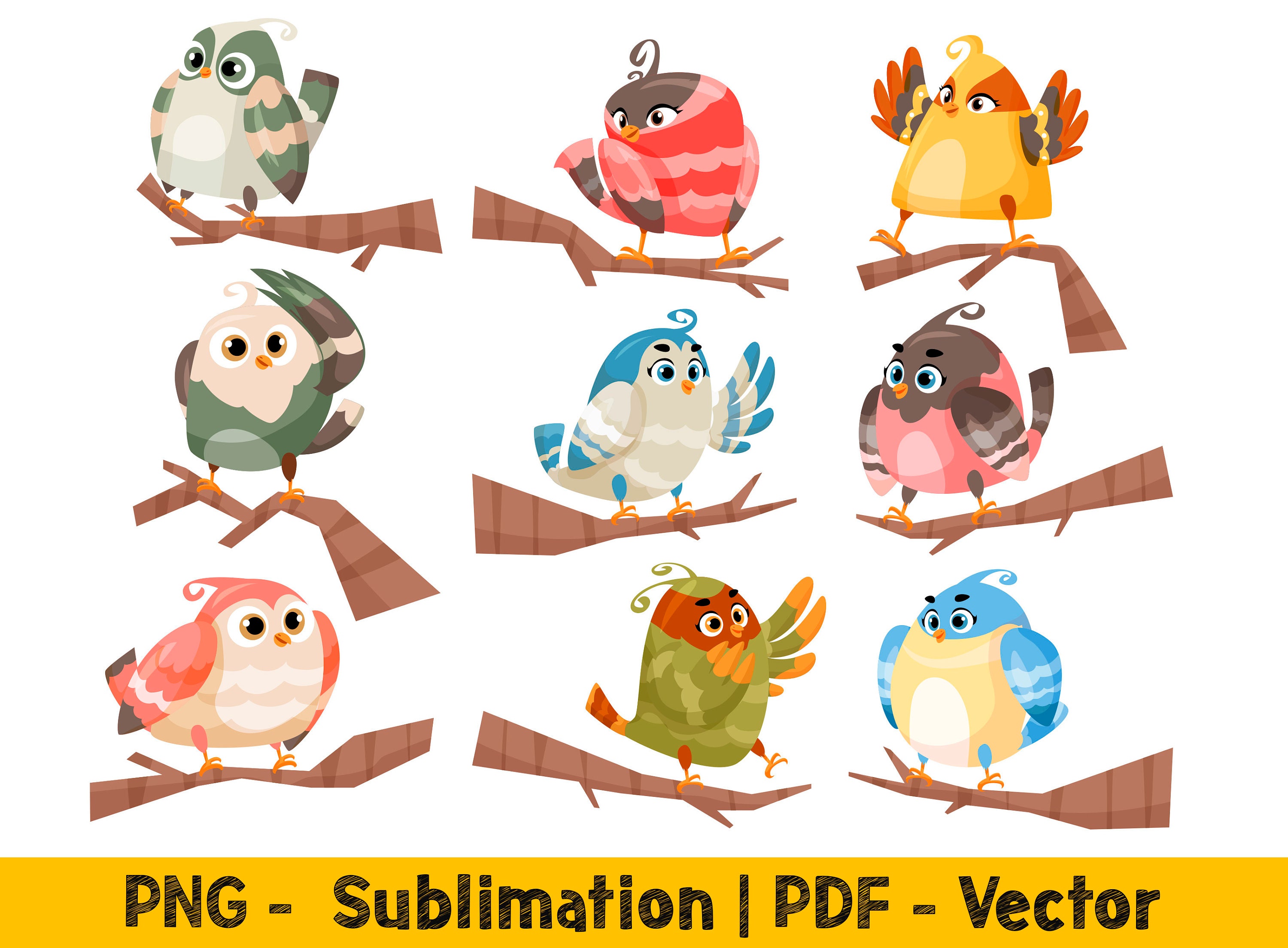 Cartoon Birds on Branches Png Clipart, Colorful Birds Clipart Png Files ...