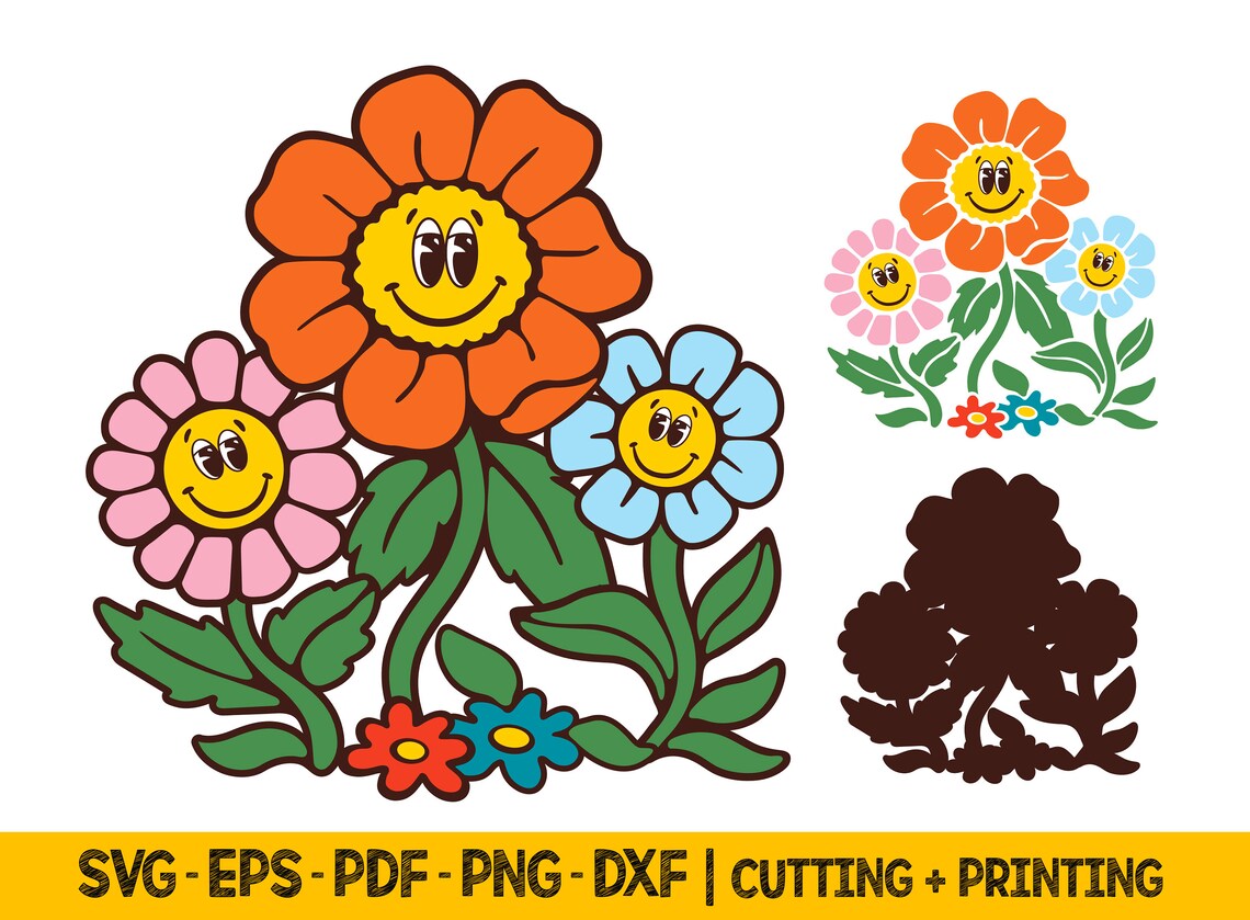 Retro Daisy Smiley Face Svg Files for Cricut, Retro Flower Svg ...