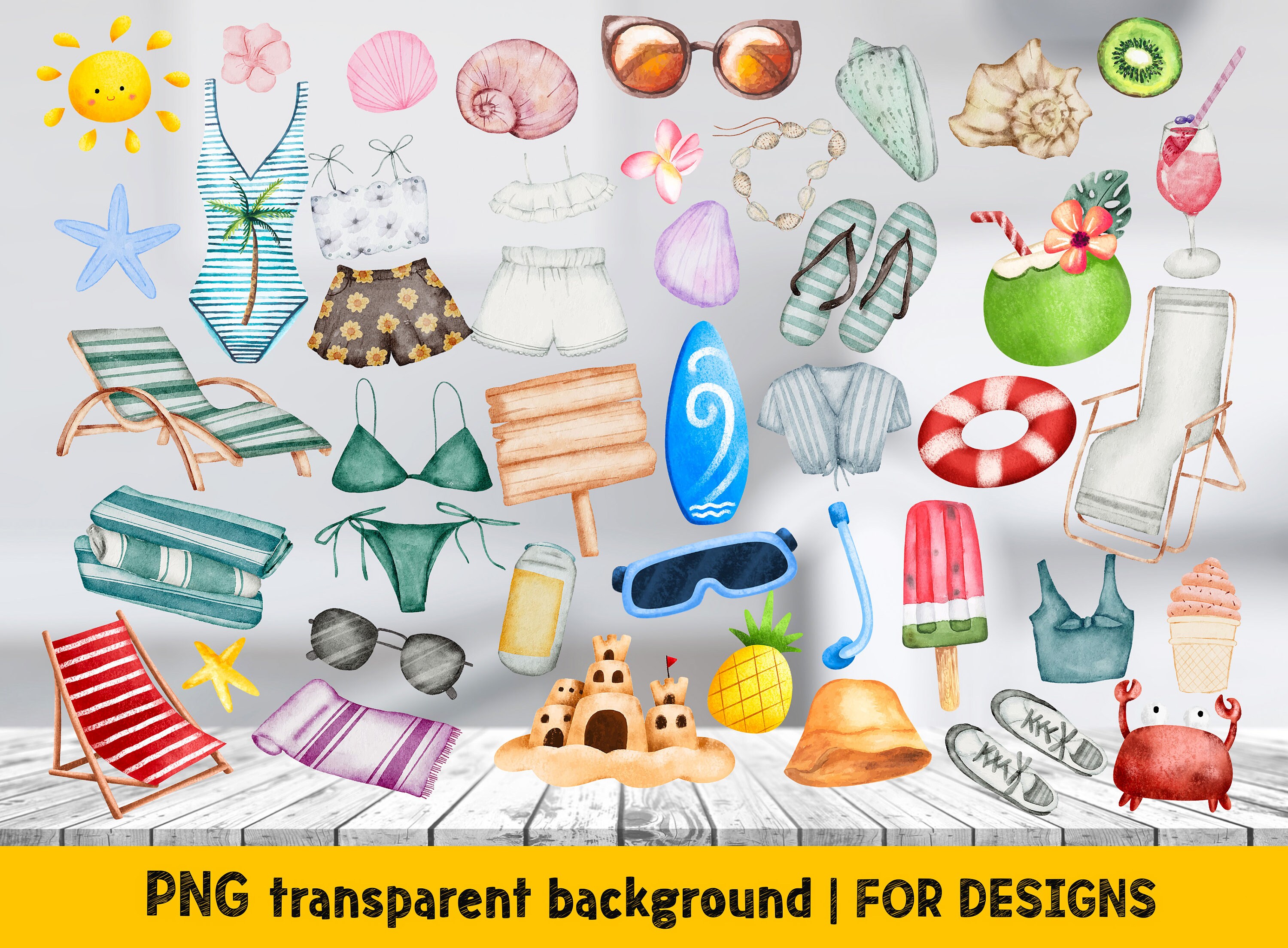Watercolor Summer Clipart Bundle: Beach Designs (270 PNG & PDF) - Etsy