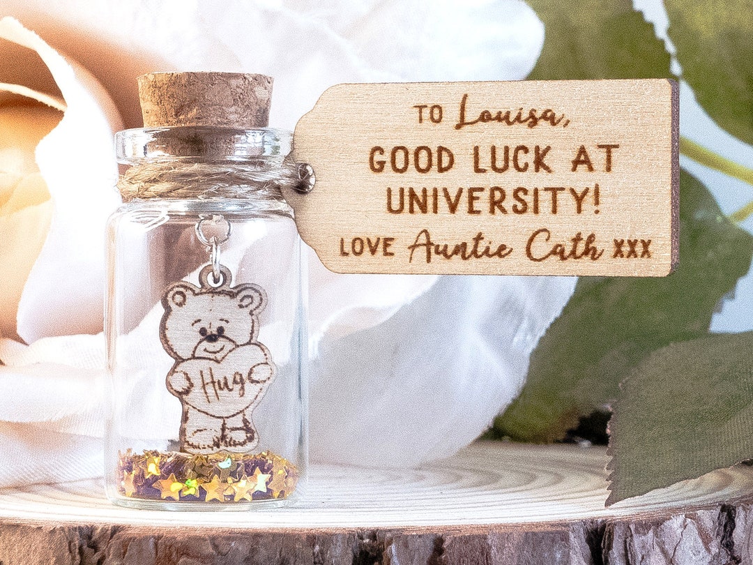 Personalised Good Luck at University Bear Hug in a Bottle. Wooden Good ...