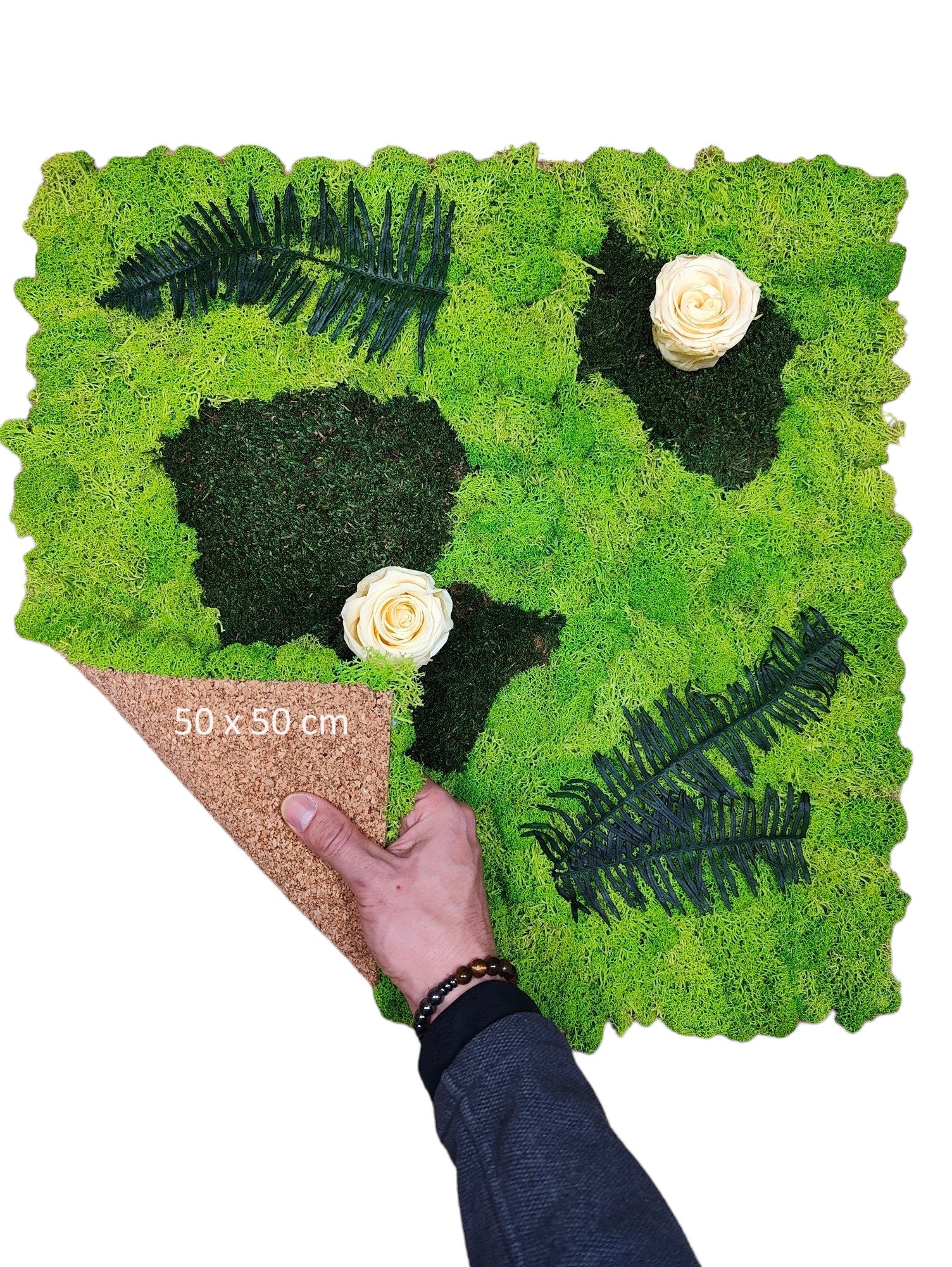 Moss Panel With White Rose, Preserved Reindeer Moss Wall, Handmade Moss ...