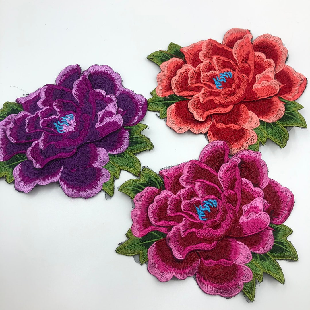 Rose Flower Embroidery Patch, Classic Rose Sewn on Patch, Embroidered ...