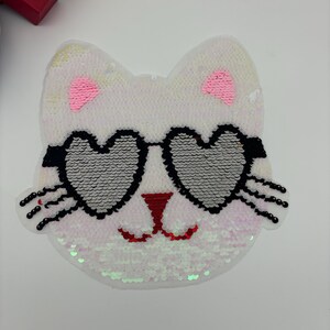 Cute Cat Sequin Patch, Sequin Cat Patch, Large Eye Cat Stitching Patch, Two Reversible Sequin ...