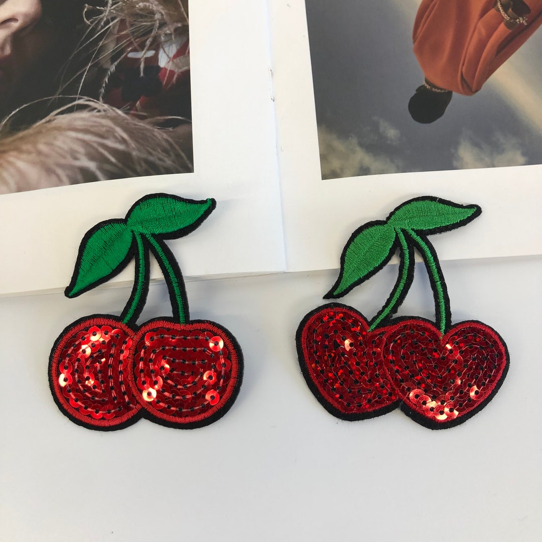 2pccherry Patches, Sequin Embroidered Cherries, Fabric Decorations ...