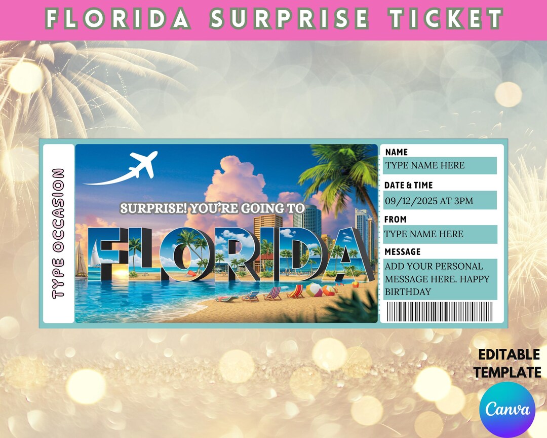 Florida Surprise Trip Ticket Template: Editable Birthday Gift (instant ...