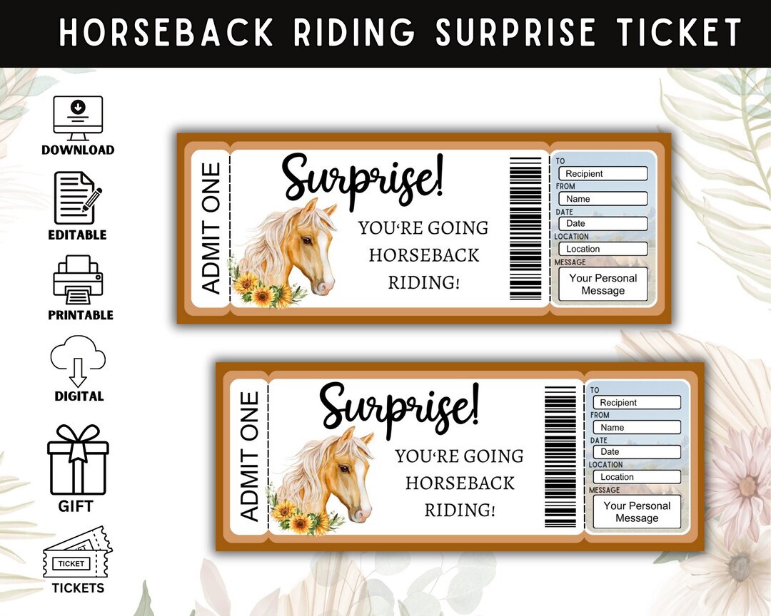 Printable Horse Riding Surprise Ticket, Horseback Riding Ticket, Ticket ...