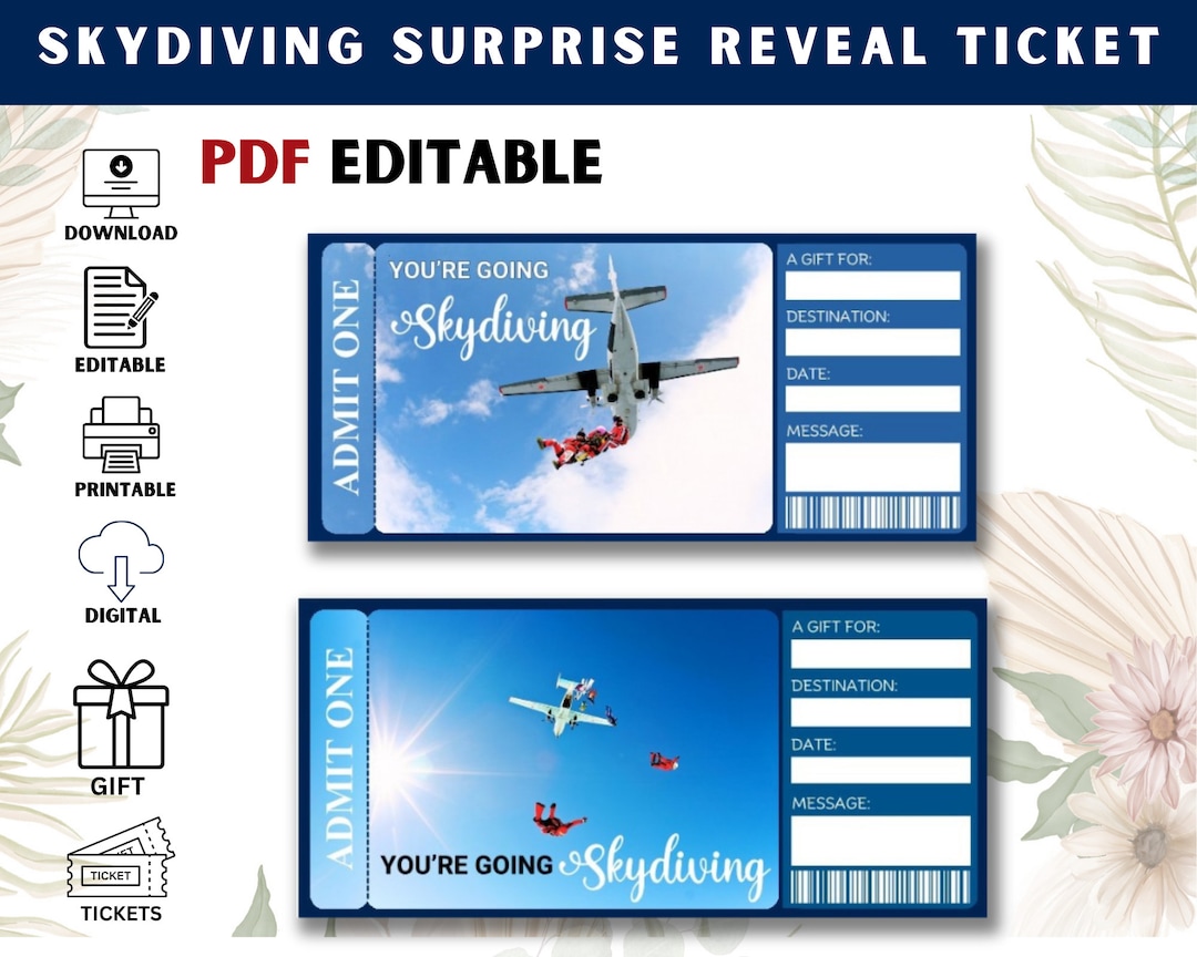 Editable Skydiving Surprise Ticket Template, Gift Ticket, Skydiving ...