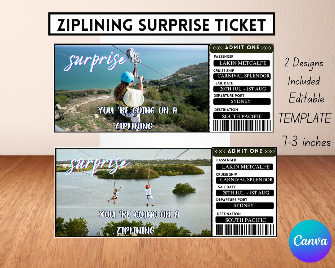 Ziplining Surprise Ticket Template, Ticket Template, Activity Gift ...