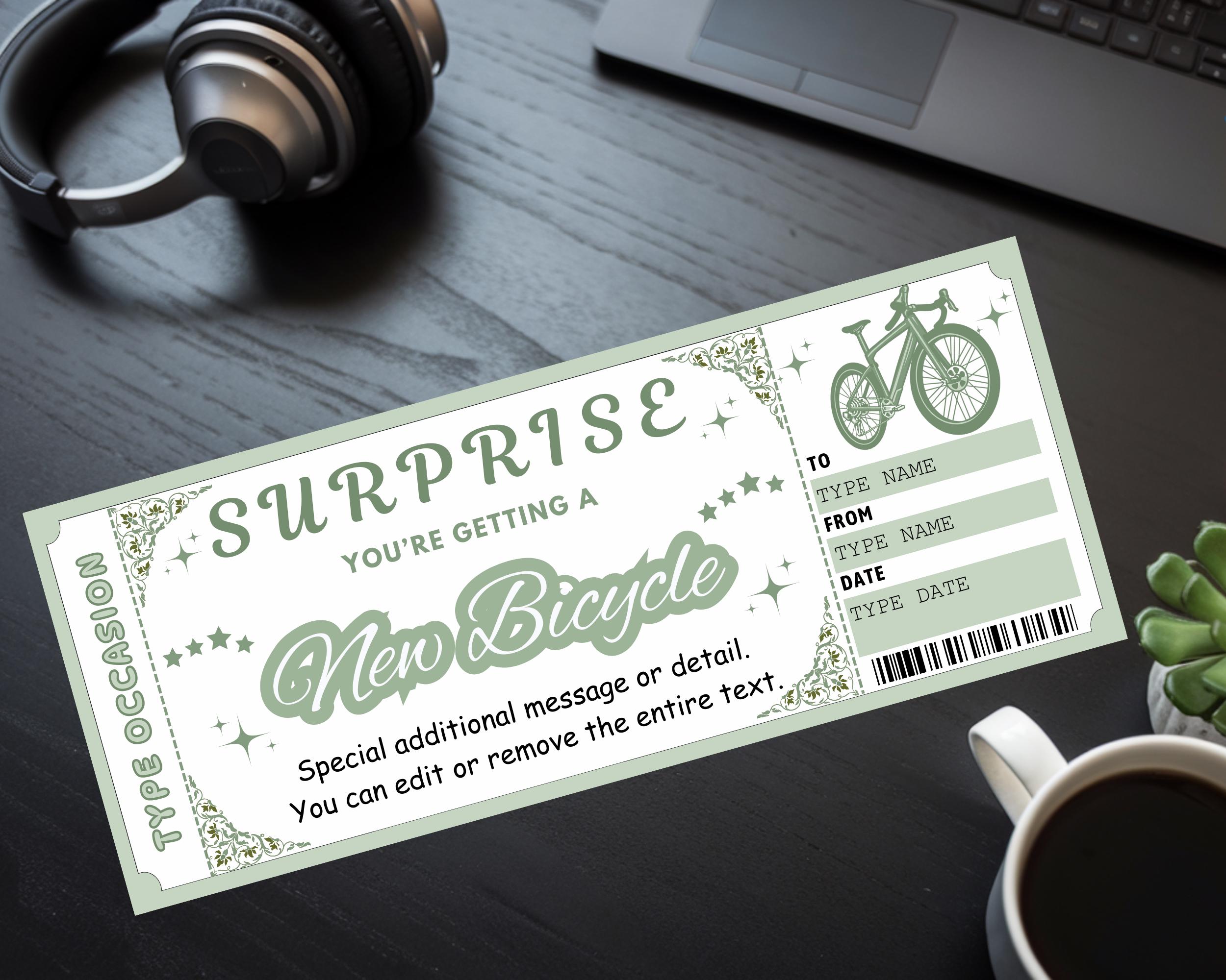 New Bicycle Gift Voucher Template: Surprise Reveal Ticket (digital ...