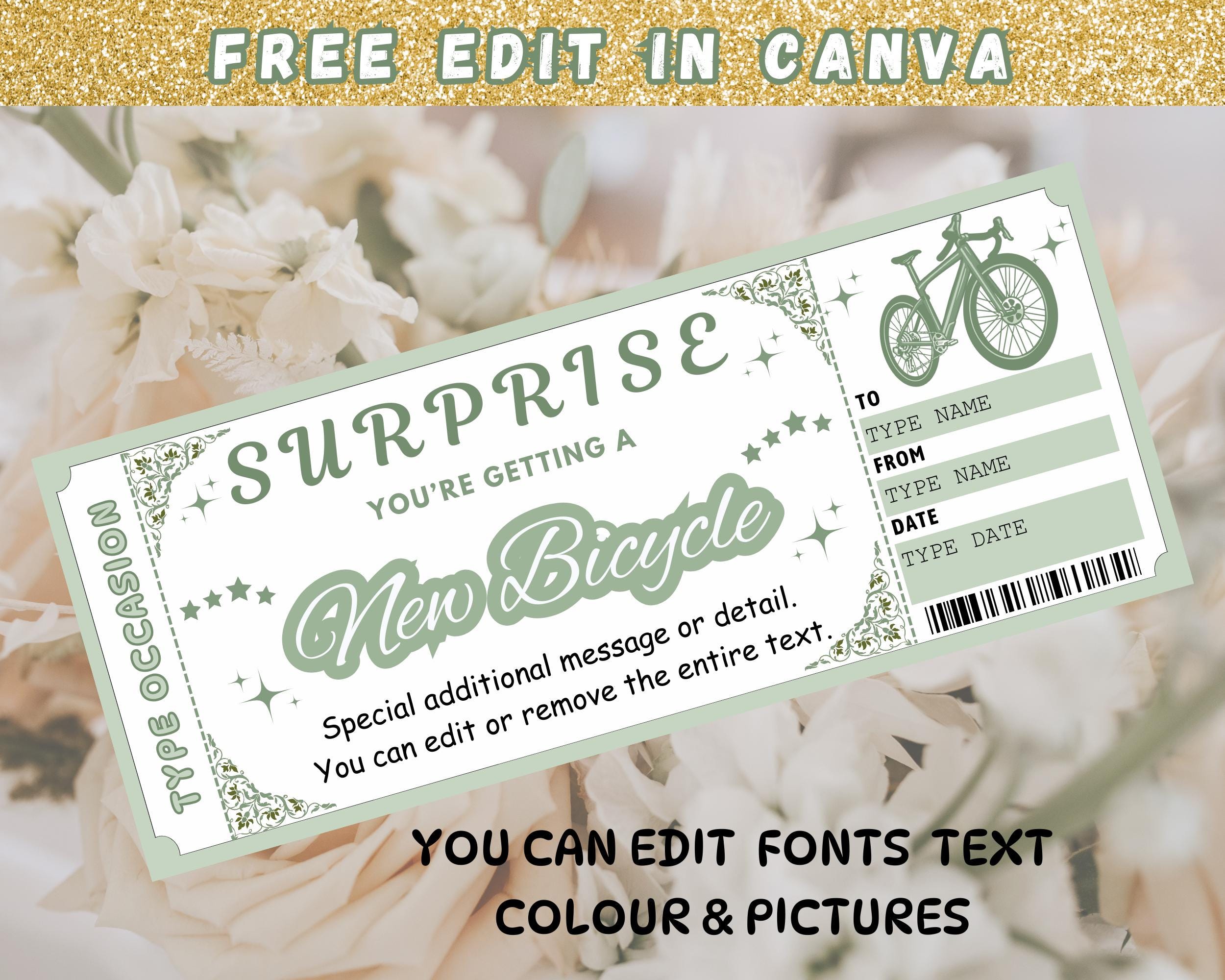 New Bicycle Gift Voucher Template: Surprise Reveal Ticket (digital ...