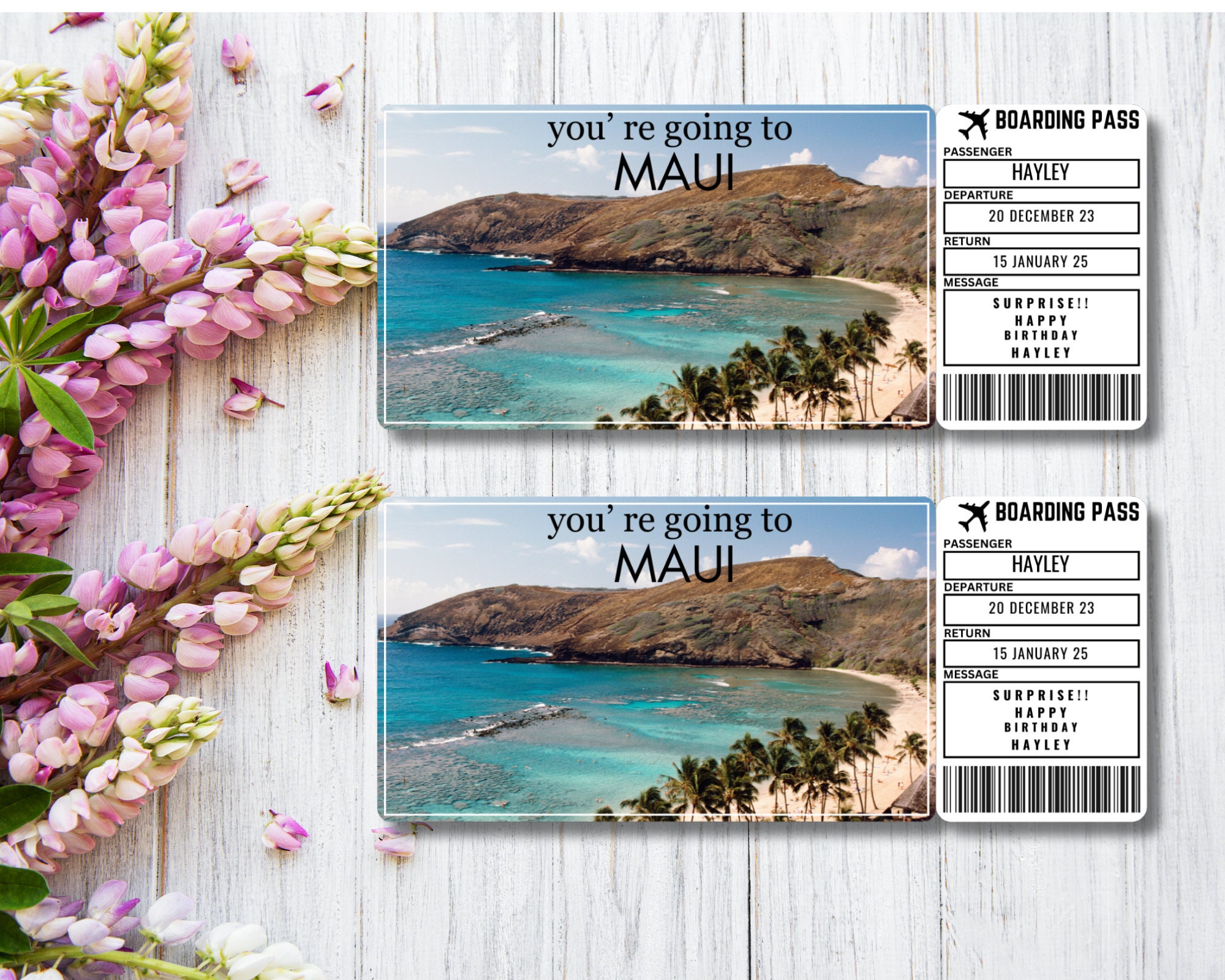 Printable Maui Surprise Trip Ticket, Editable Boarding Pass Ticket ...