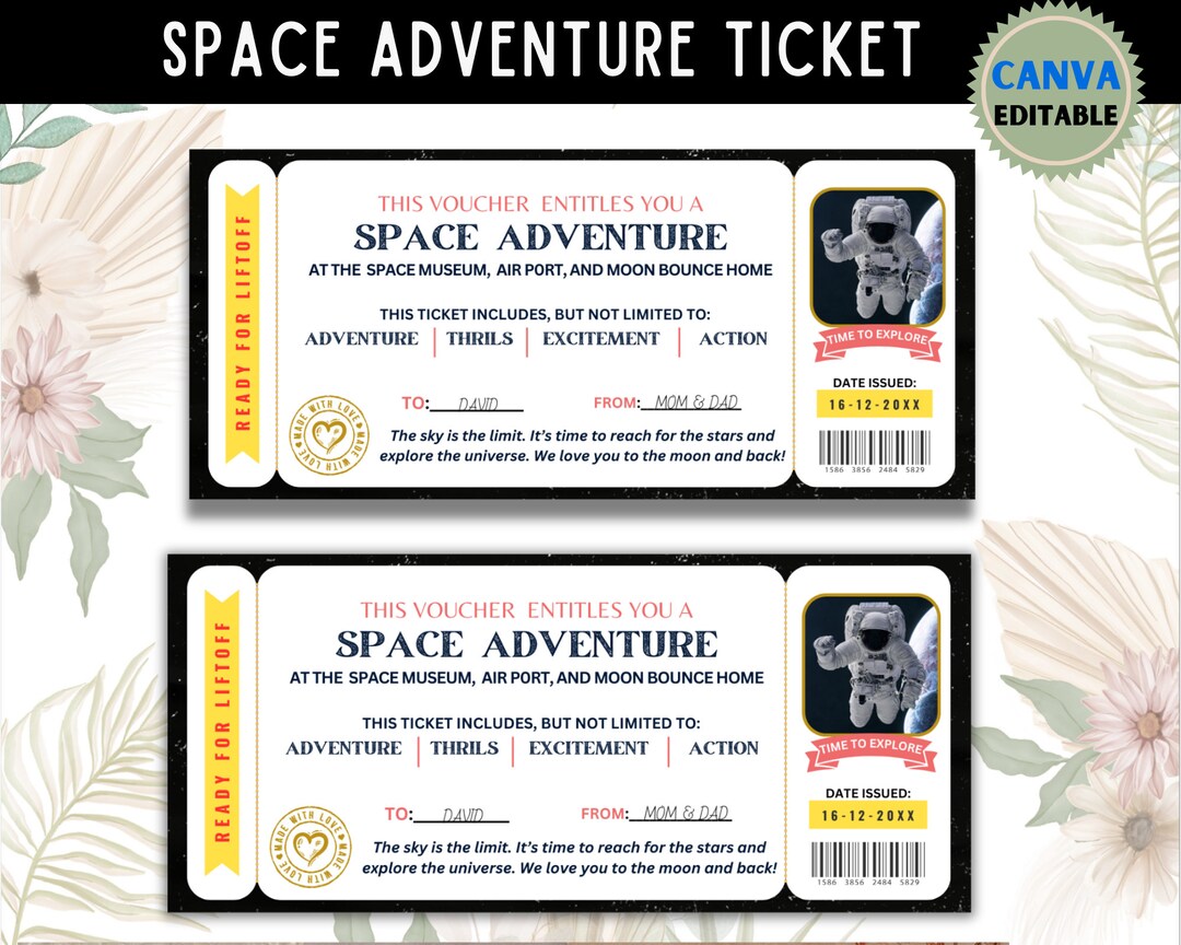 Editable Space Adventure Ticket Template, Astronaut Gift Certificate ...