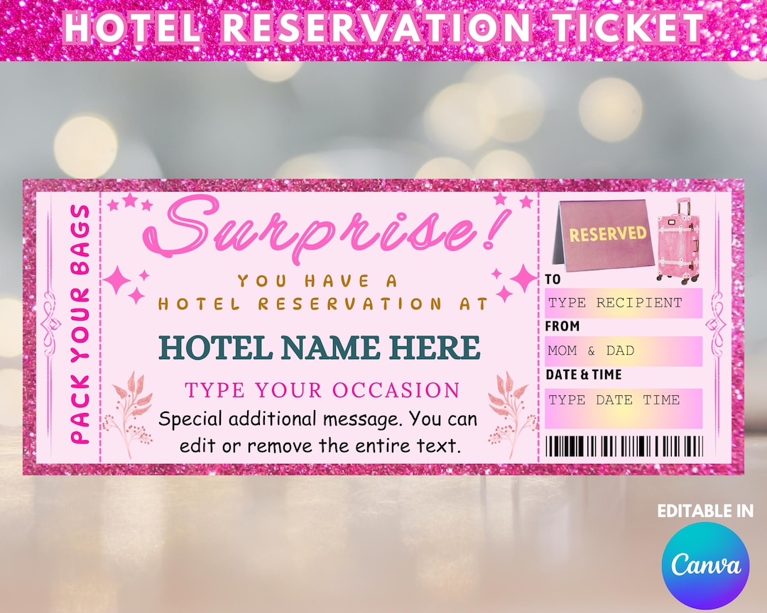 Hotel Reservation Ticket Template, Hotel Reservation Gift Card, Hotel ...