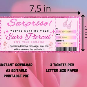 Printable Ear Piercing Ticket Template, Gift Certificate, Ear Piercing ...