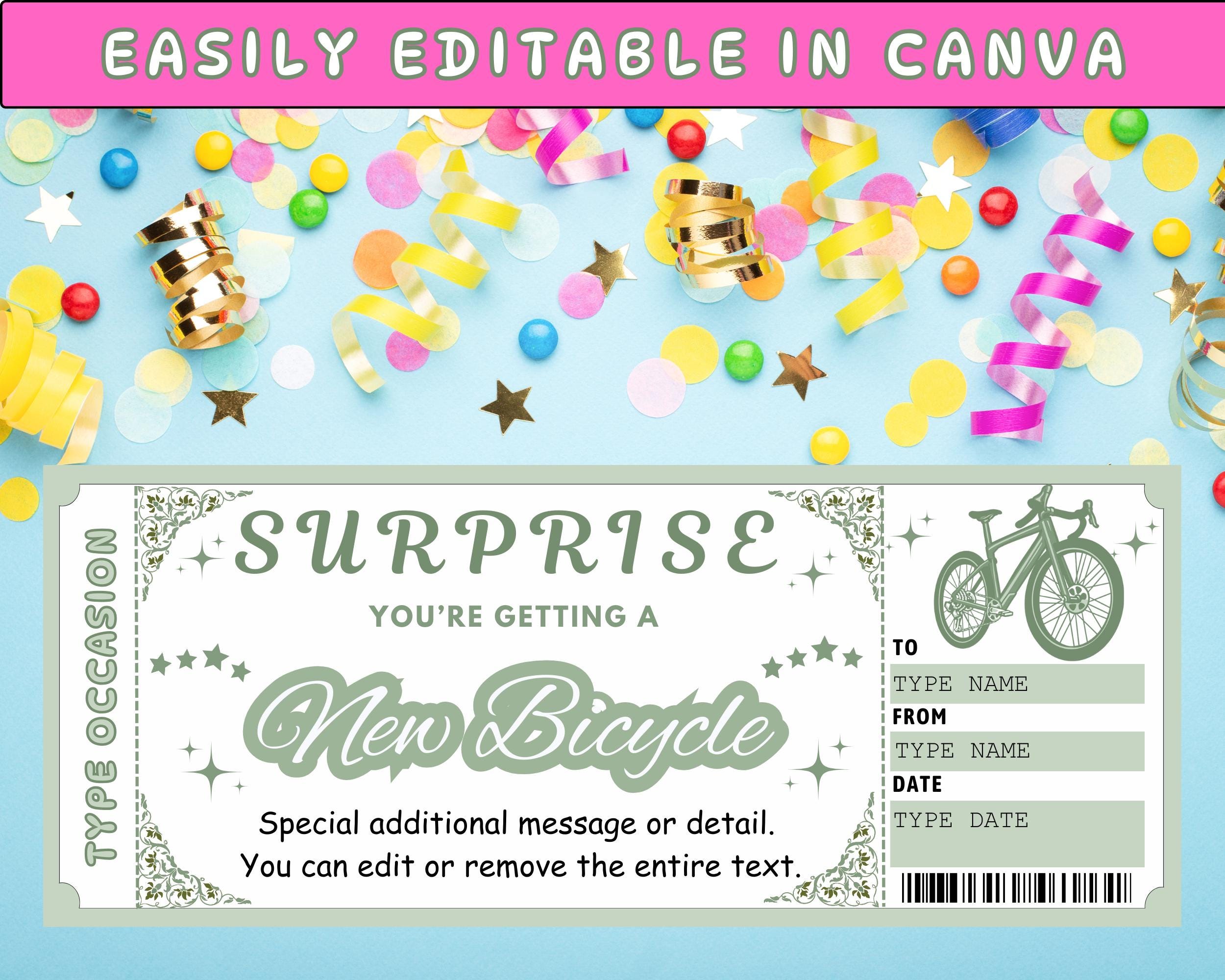 New Bicycle Gift Voucher Template: Surprise Reveal Ticket (digital ...