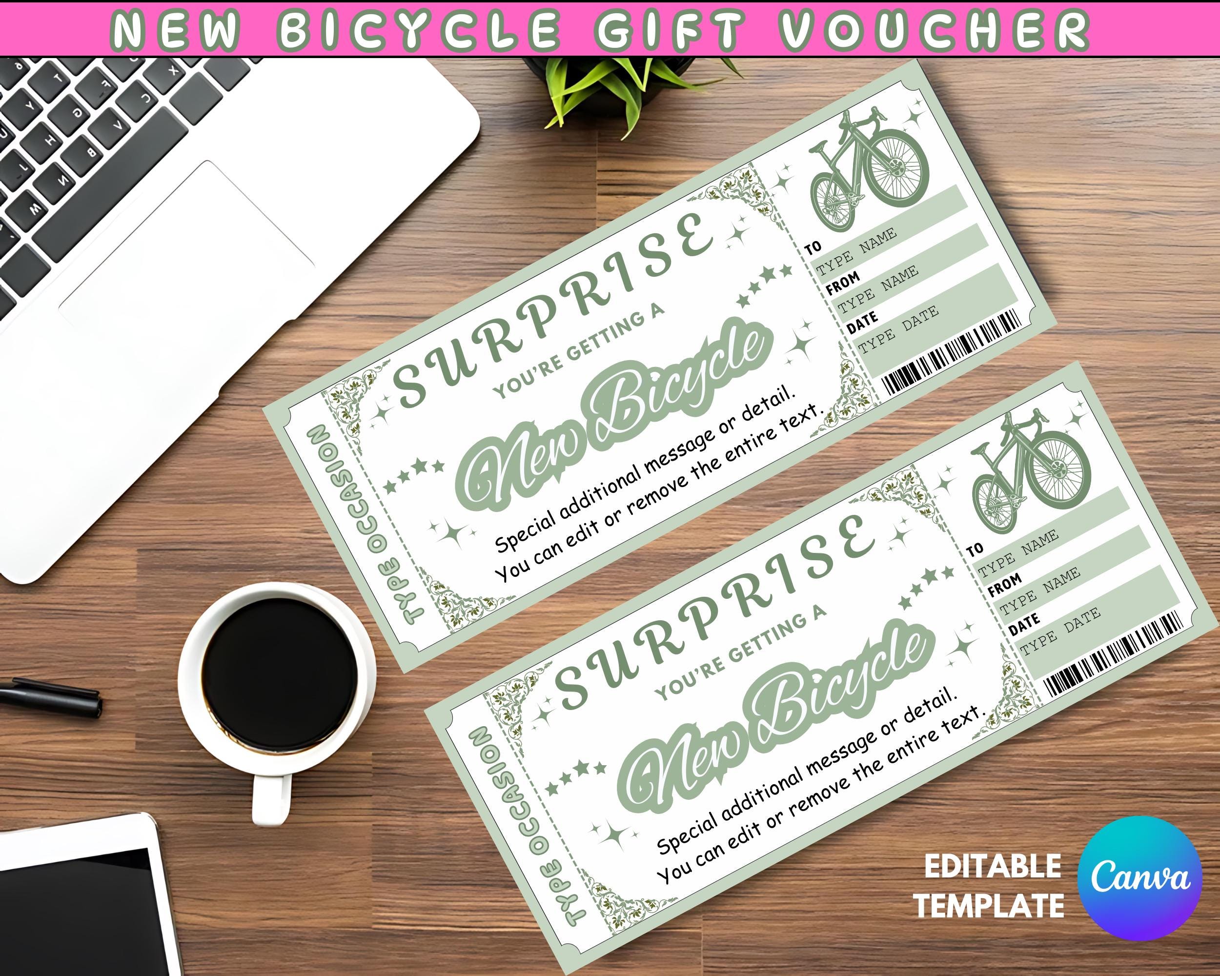 New Bicycle Gift Voucher Template: Surprise Reveal Ticket (digital ...