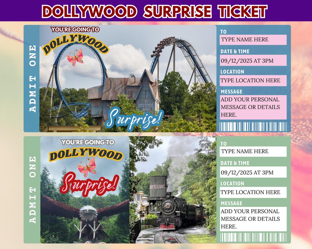 Editable Dollywood Surprise Gift Ticket Template, Vacation Tickets ...