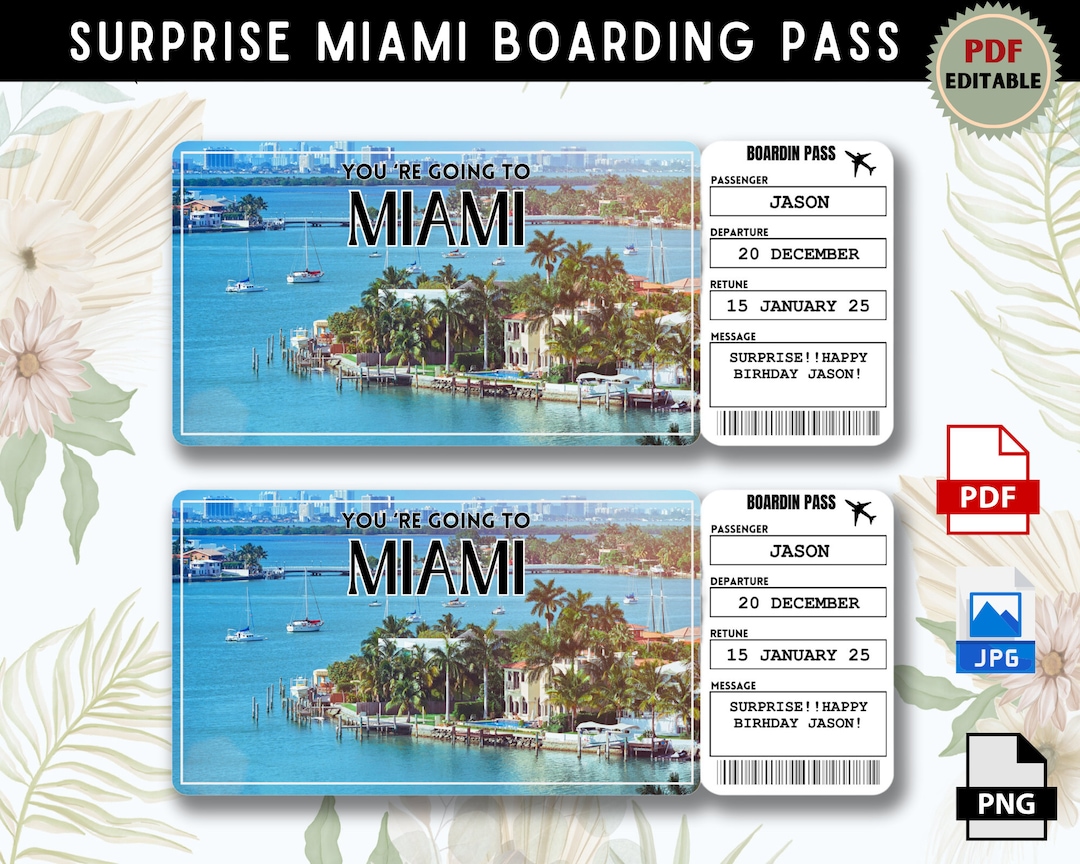 Printable Miami Surprise Trip Ticket Template, Boarding Pass Template ...