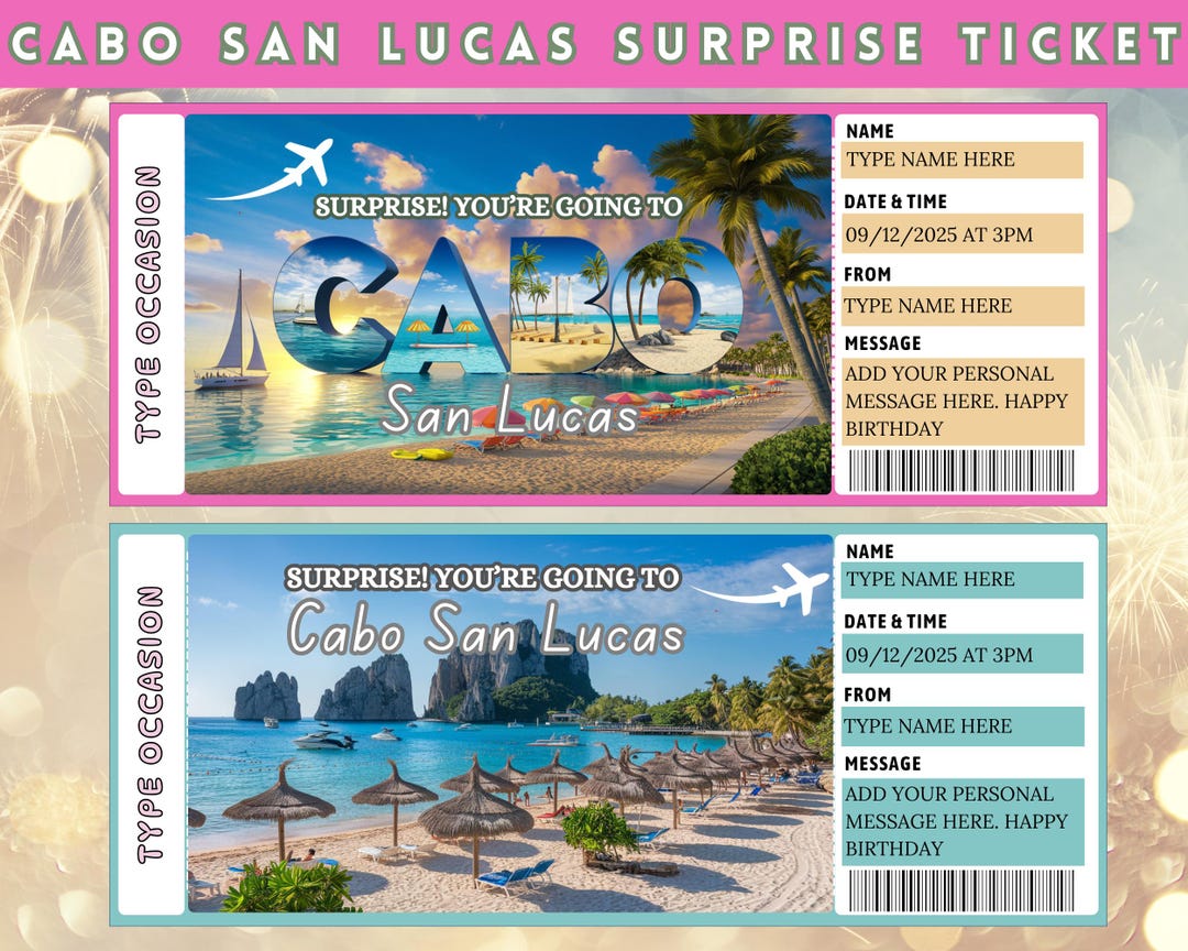 Printable Cabo San Lucas Surprise Trip Ticket: Editable Canva Template ...