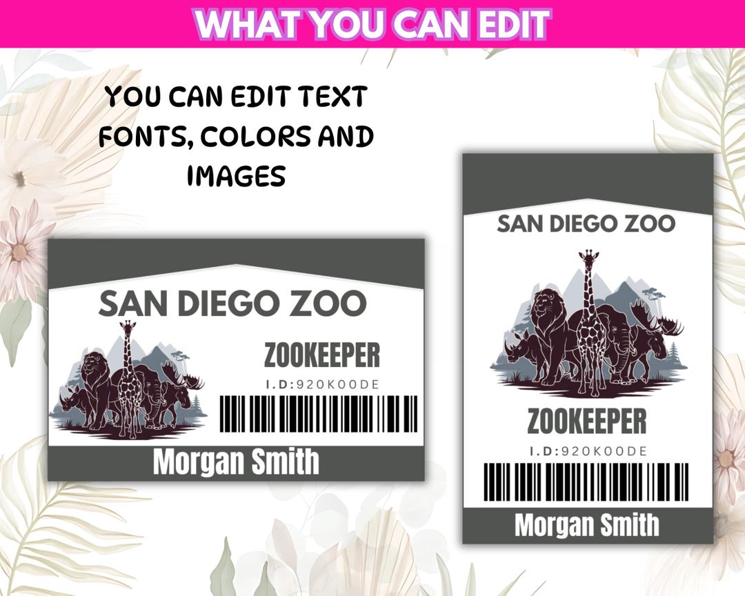 Editable Zookeeper ID Badge Template: Zoo Pretend Play (digital ...