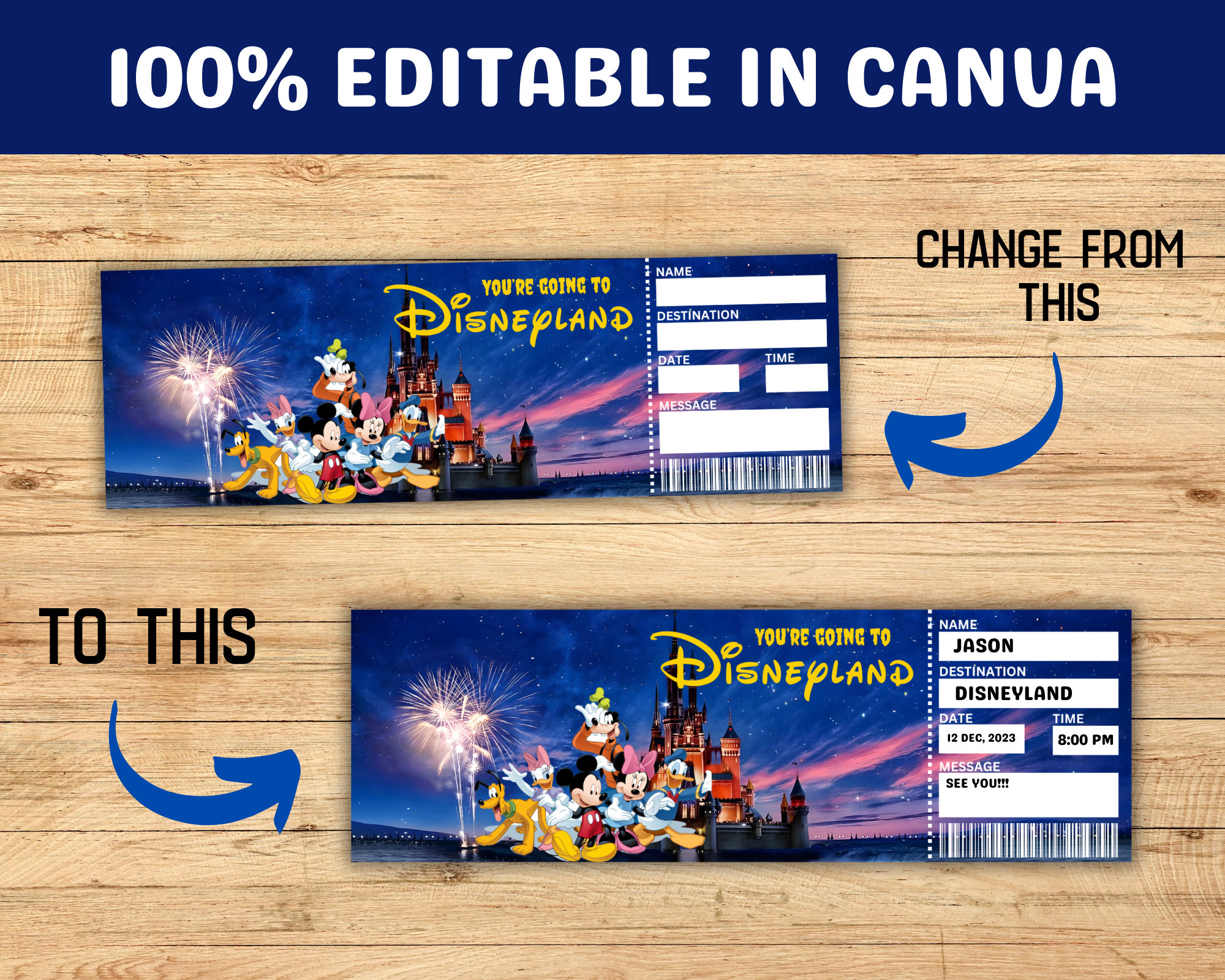 Disneyland Ticket Template, CANVA Editable Disneyworld Ticket ...