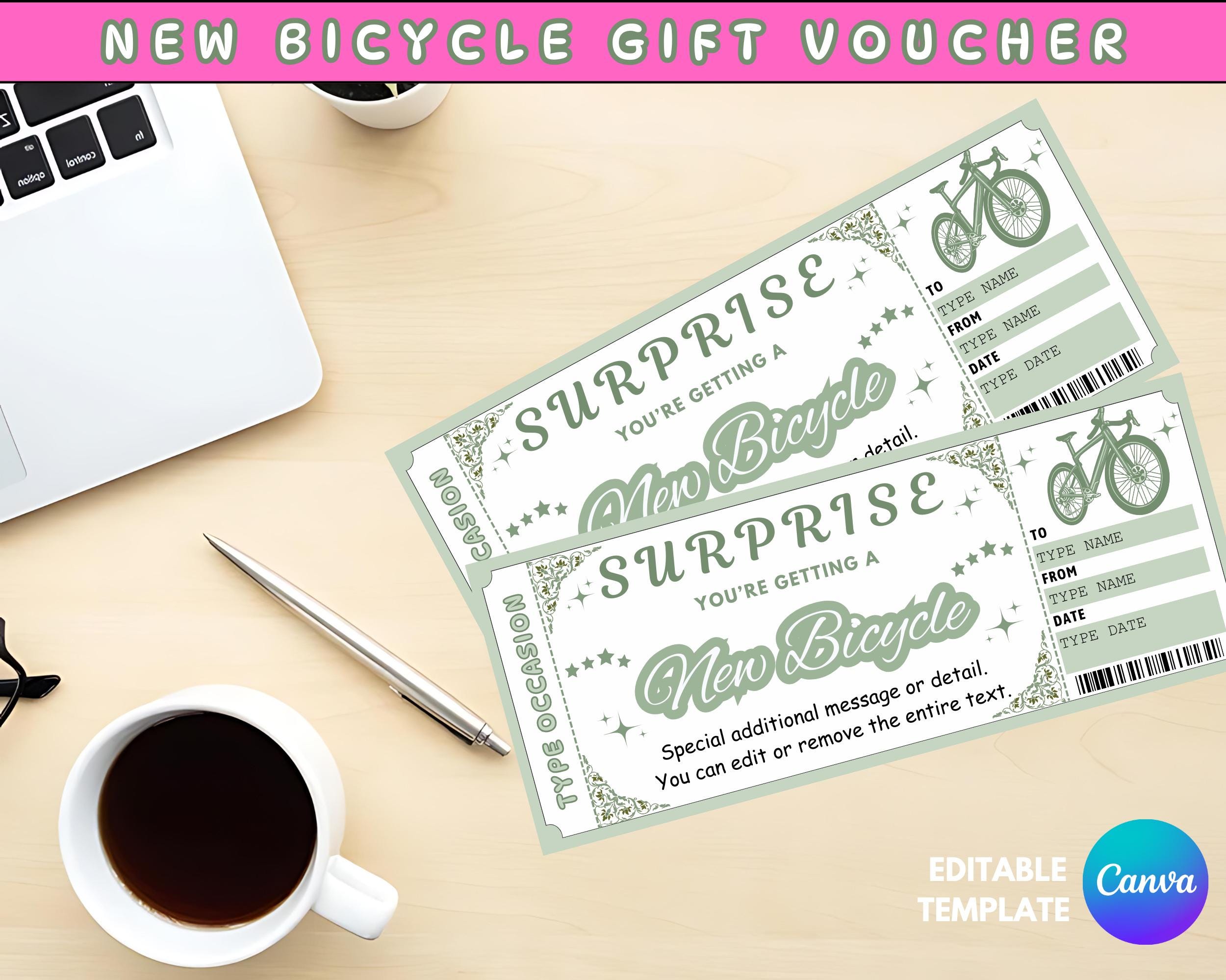 New Bicycle Gift Voucher Template: Surprise Reveal Ticket (digital ...