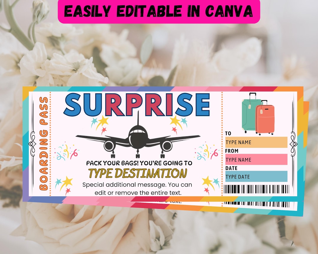 Editable Surprise Boarding Pass Template: Canva Flight Ticket (digital ...