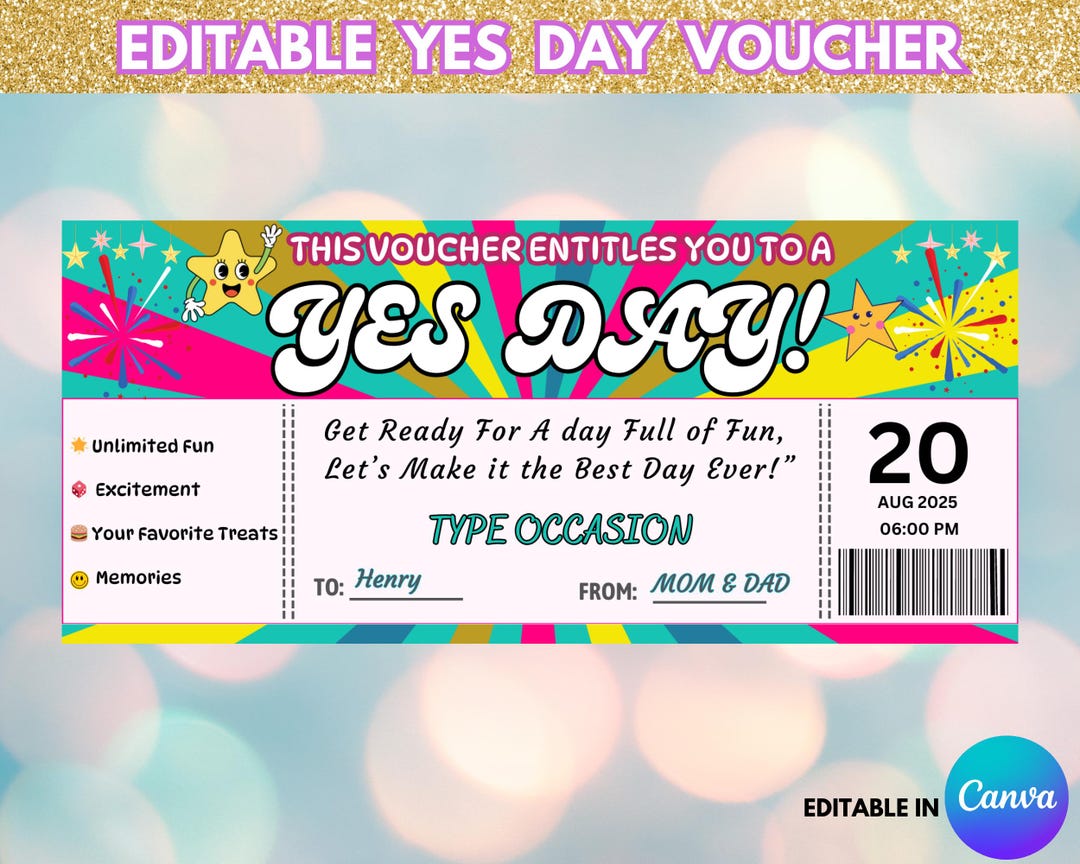 Yes Day Ticket Template, Yes Day Voucher, Yes Day Coupon for Kids, Yes ...