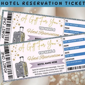 Printable Hotel Reservation Ticket, Surprise Hotel Reservation Ticket, Ticket Template, Gift ...