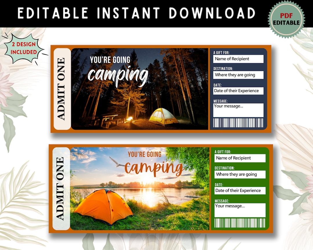 Printable Camping Surprise Ticket Template, Vacation Trip Ticket, Gift ...