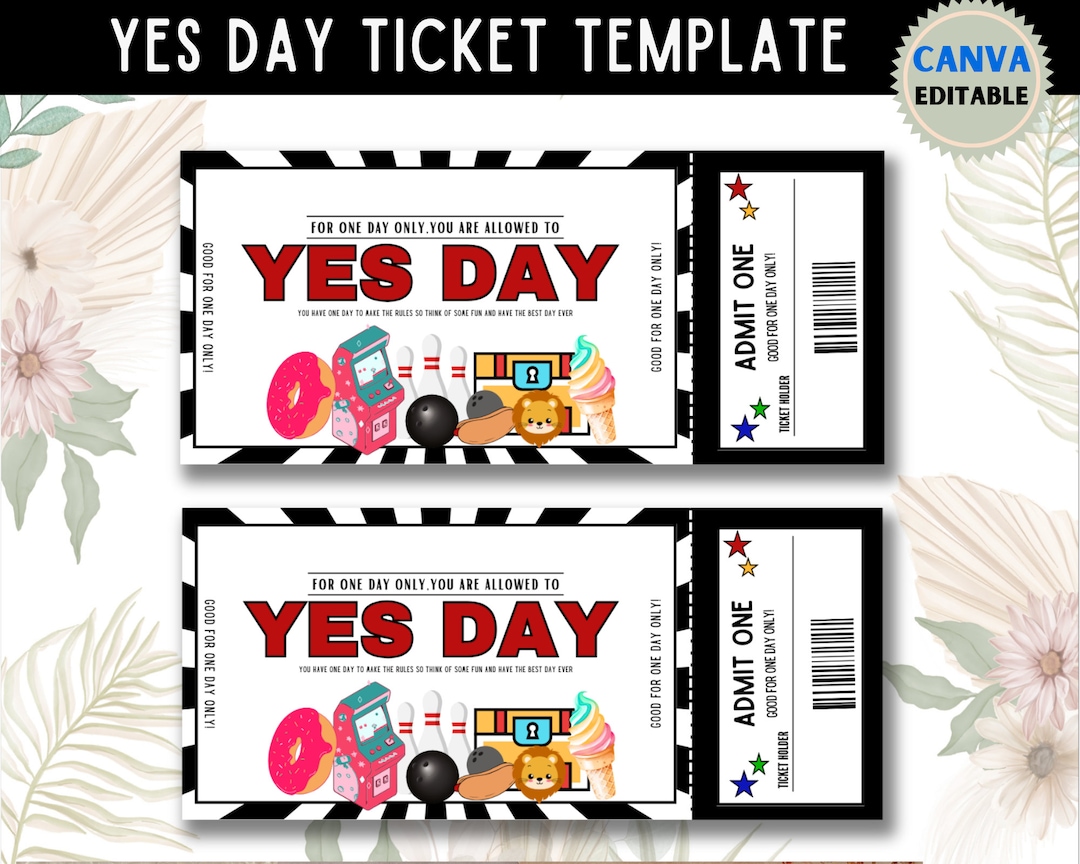 Printable Yes Day Ticket Template, Yes Day Voucher, Yes Day Ticket, Yes ...