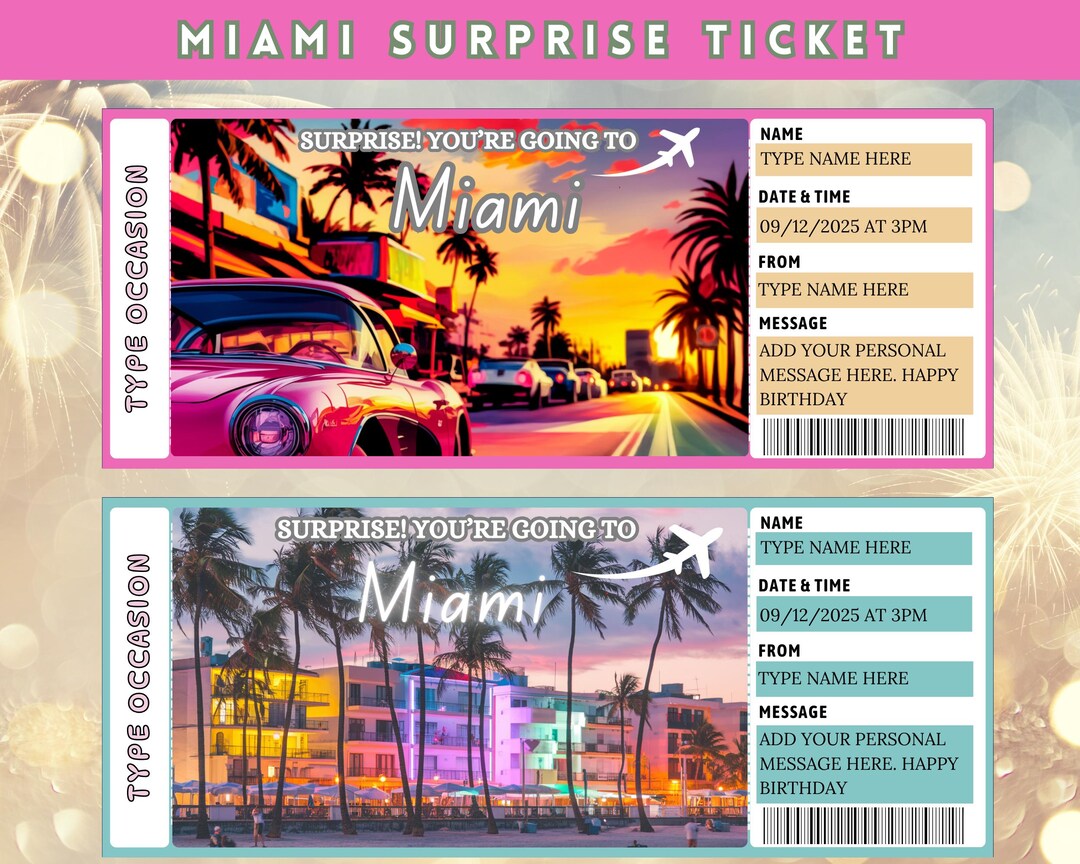 Printable Miami Surprise Trip Ticket Template, Boarding Pass Template ...