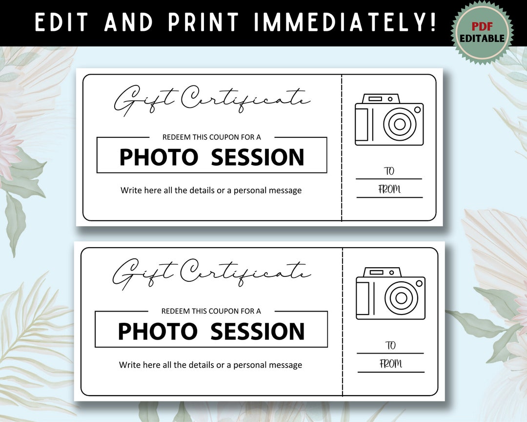 Printable Photo Session Gift Coupon, Photo Session Gift Ticket, Gift ...