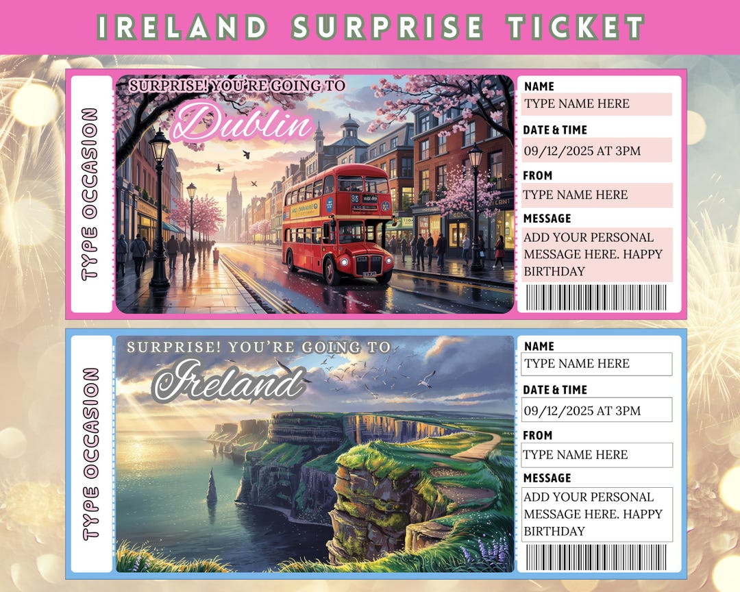 Ireland Surprise Trip Ticket Template: Editable Travel Voucher (digital ...