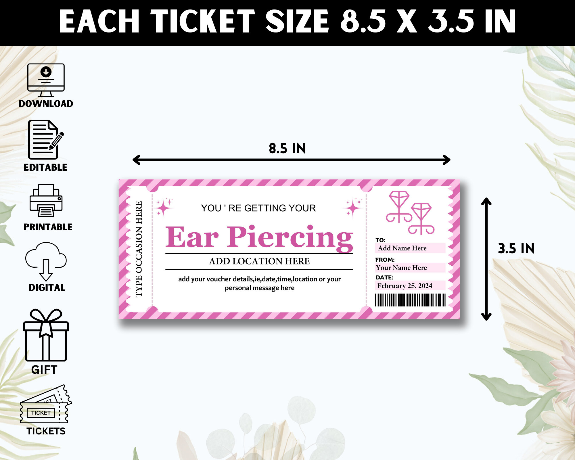 Printable Ear Piercing Ticket Template, Gift Certificate, Ear Piercing ...