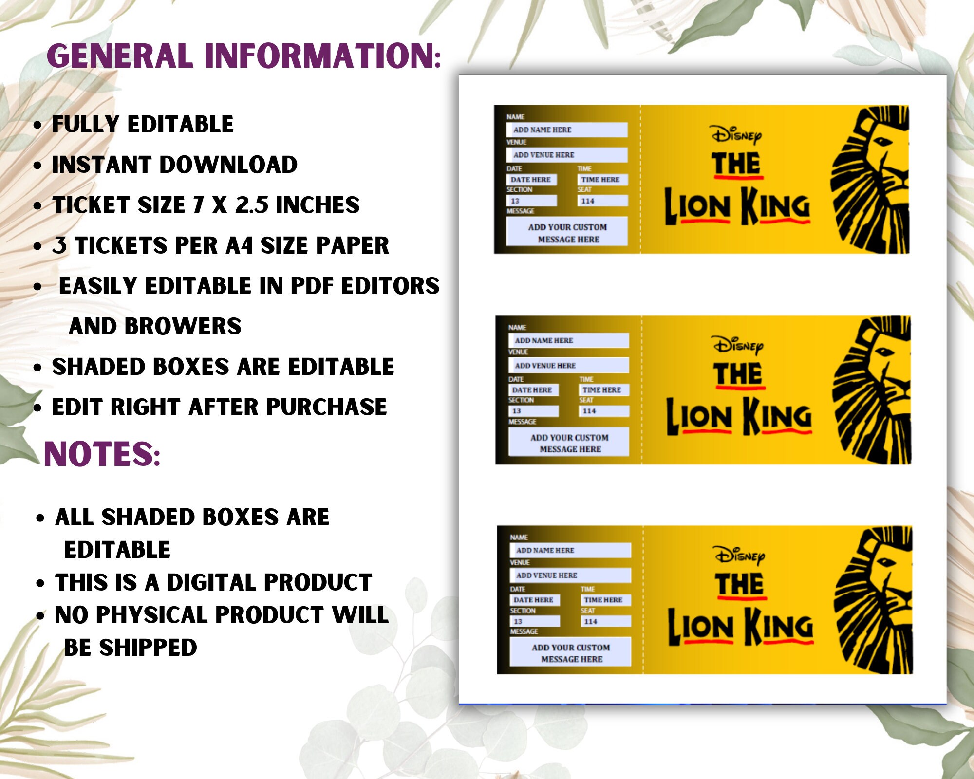Boleto sorpresa de Broadway del Rey León editable, boleto sorpresa de ...