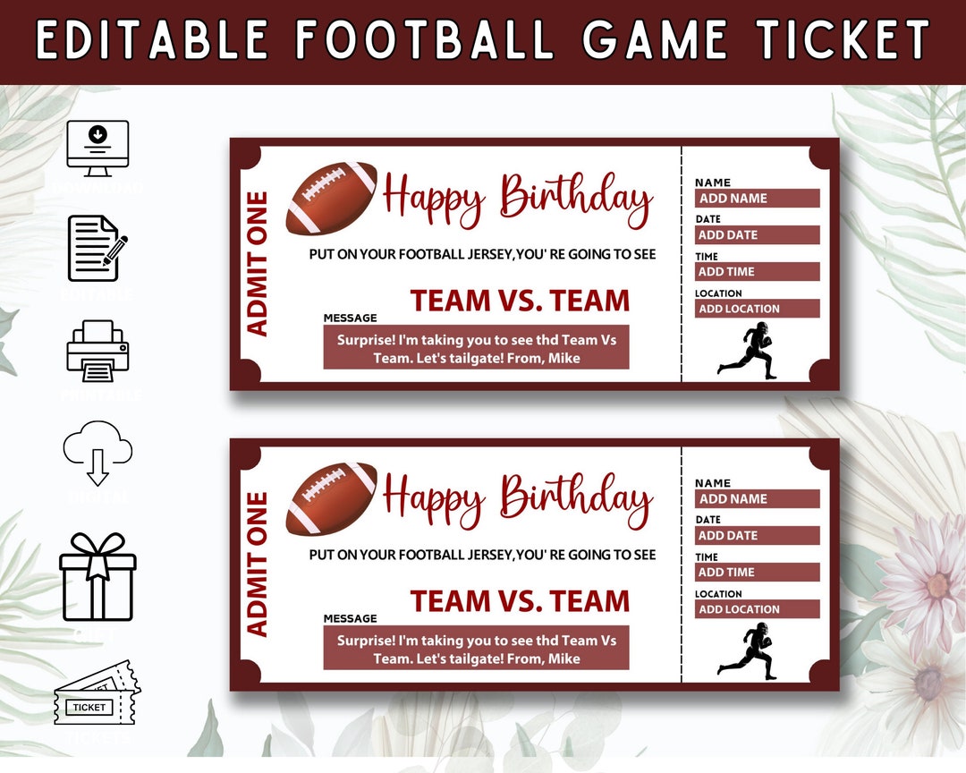 Football Game Ticket Template, Birthday Surprise Football Game Ticket ...