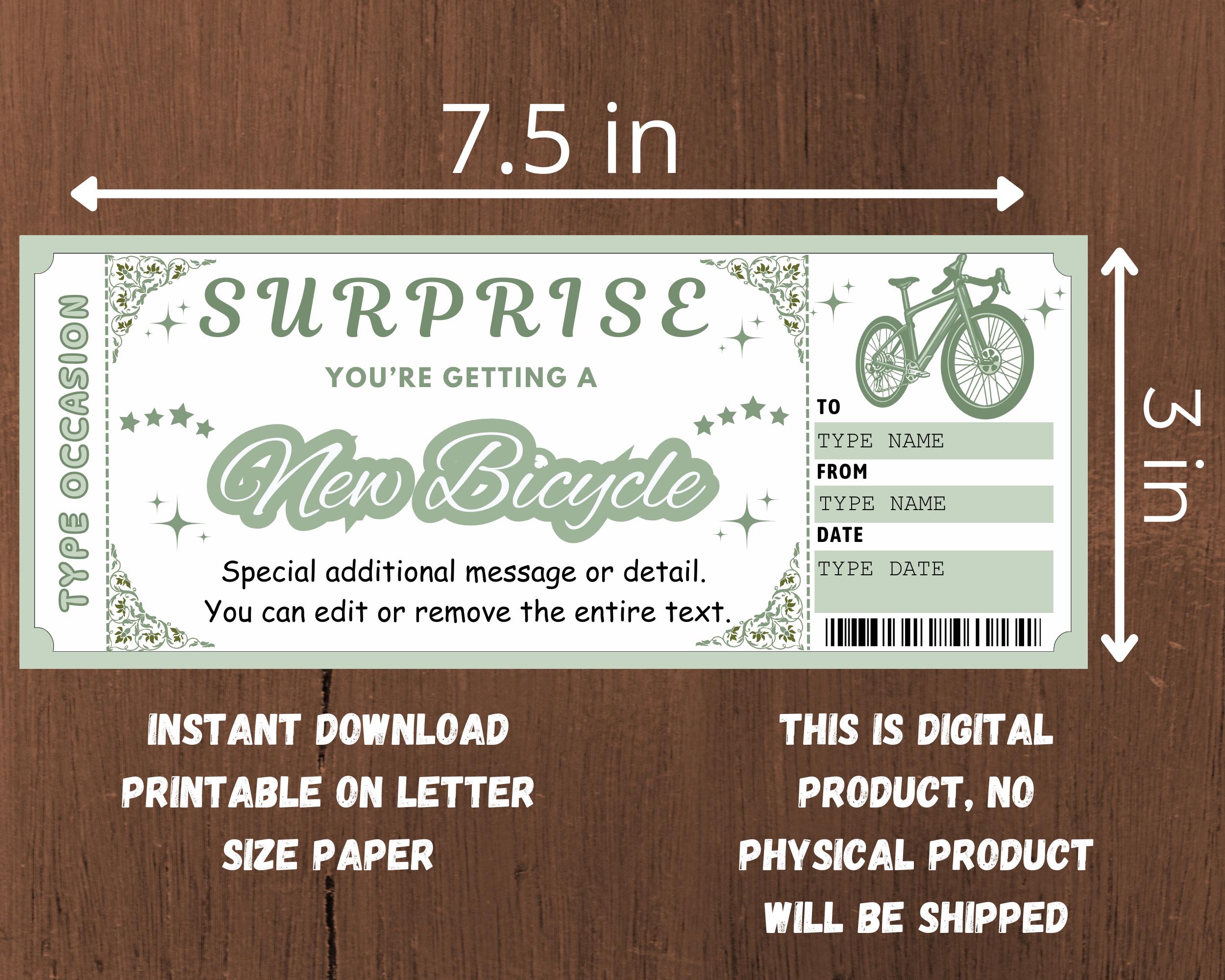 New Bicycle Gift Voucher Template: Surprise Reveal Ticket (digital ...