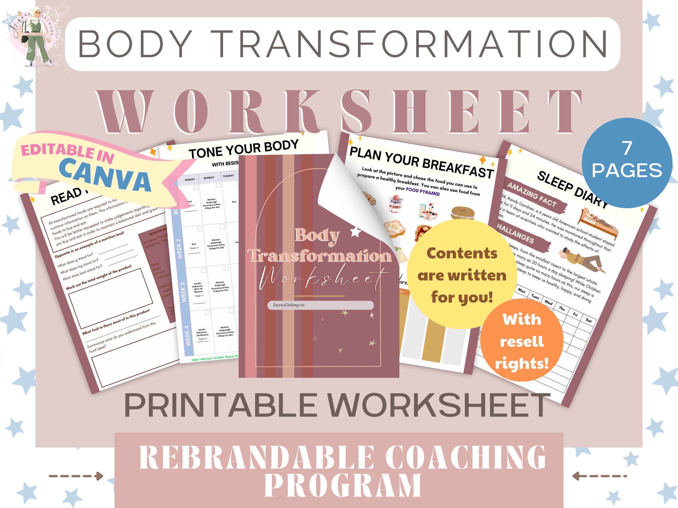 Body Transformation Printable Worksheet for Health Coach, Fitness Coach ...