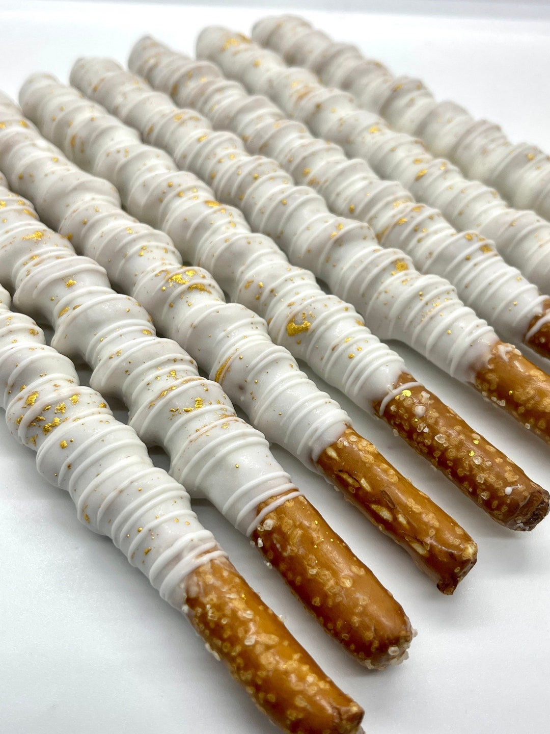 White & Gold Chocolate Covered Caramel Pretzel Rods for Birthday Party ...