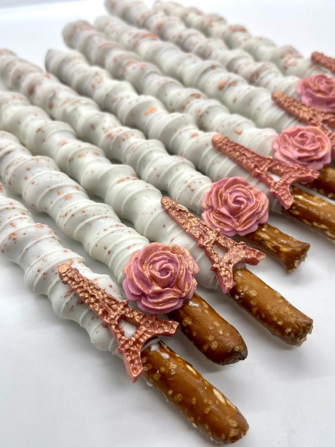 Paris Theme, Rose Gold Chocolate Covered Caramel Pretzel Rods, Wedding ...