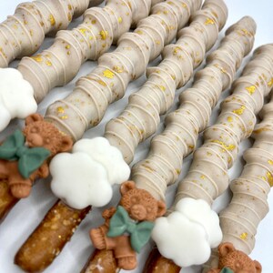 Teddy Bear Themed Chocolate Covered Caramel Pretzel Rods for Gender ...