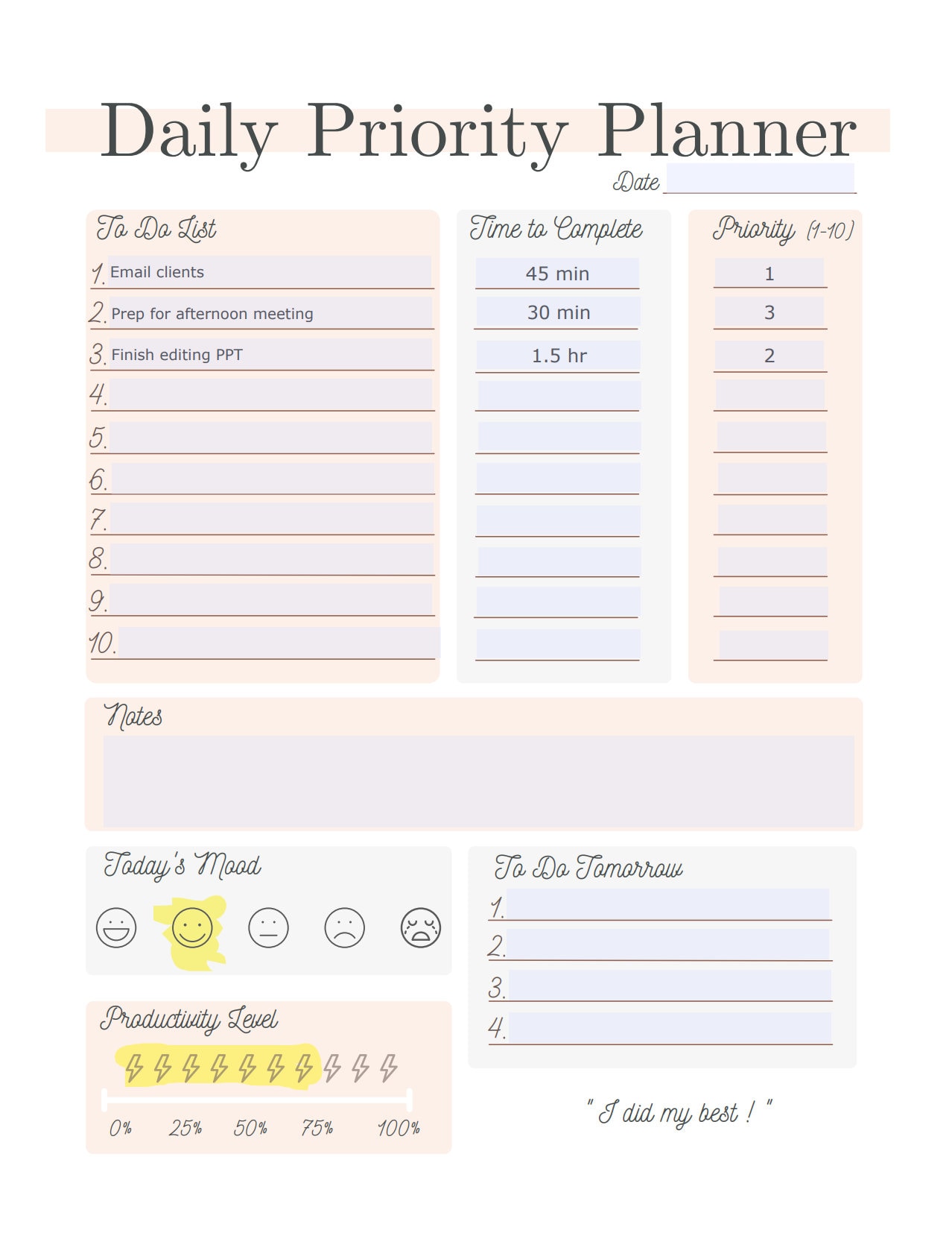 Daily Priority Planner, Daily to Do List for Work / Personal Life ...