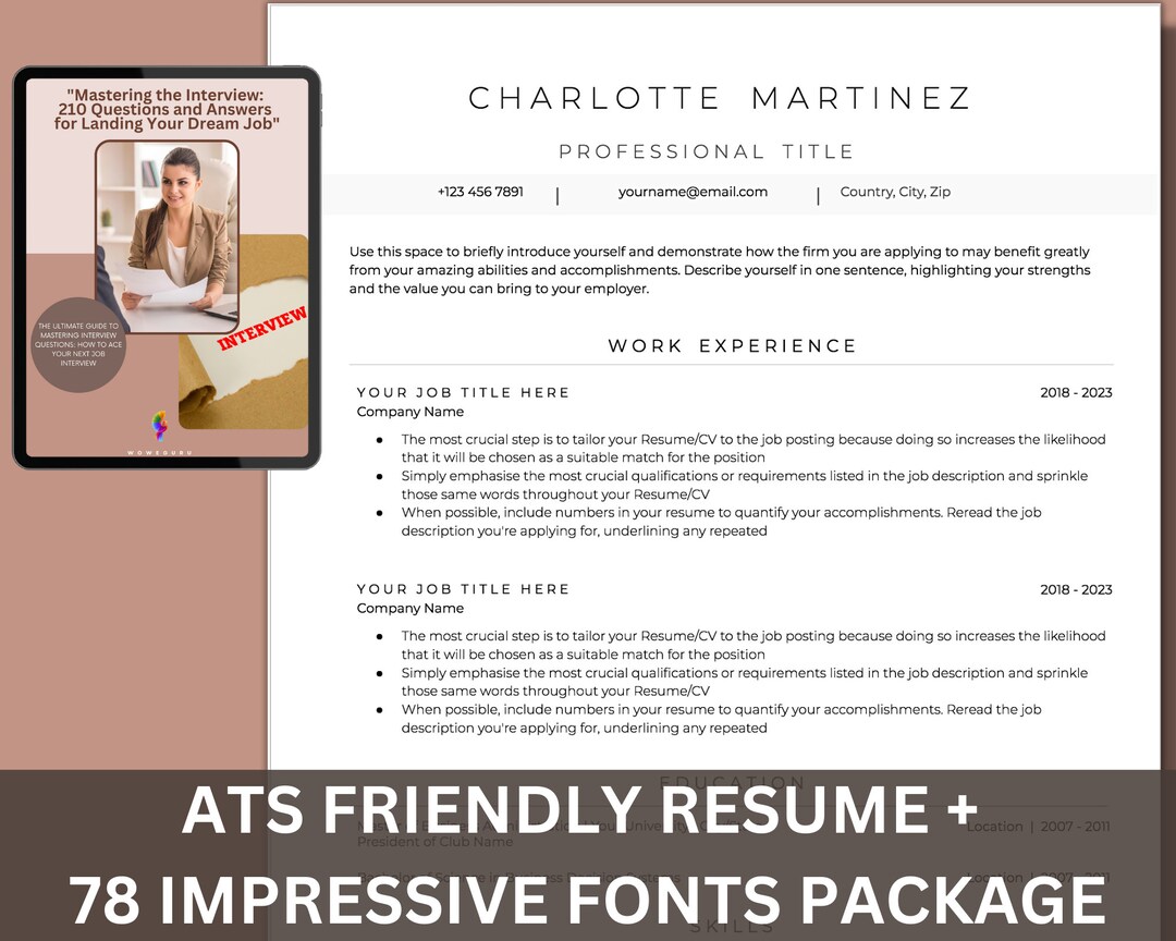 Fonts Bundle With an ATS Friendly Professional Resume Template - Etsy