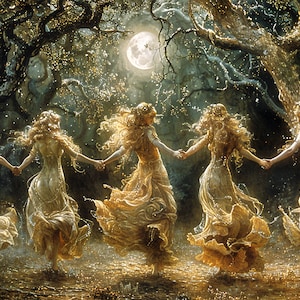 Dancing Moon Maidens Art Print, Enchanted Forest Canopy, Lunar Ritual ...