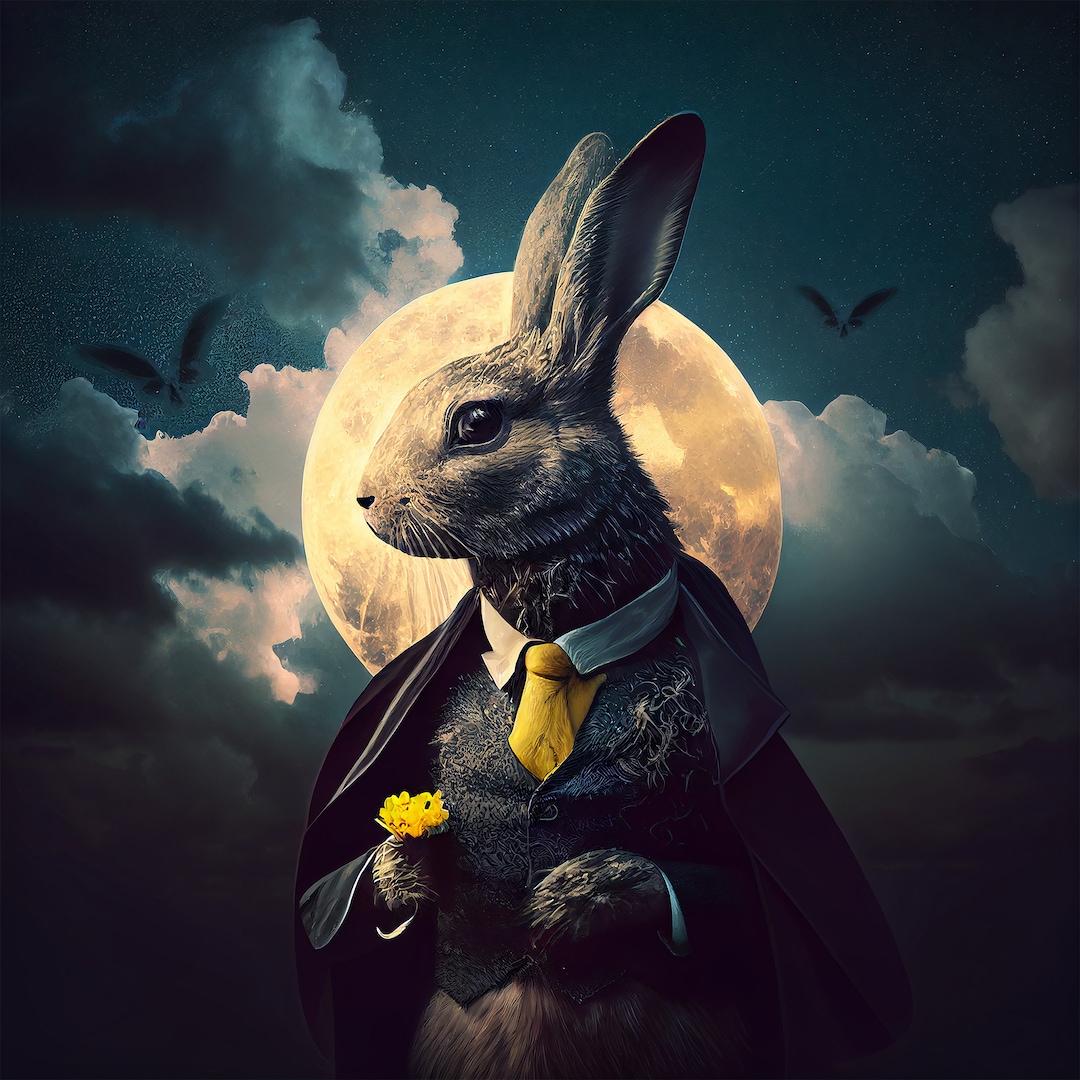 Fantasy Rabbit Wall Art, Whimsical Rabbit Portrait, Surreal Rabbit ...