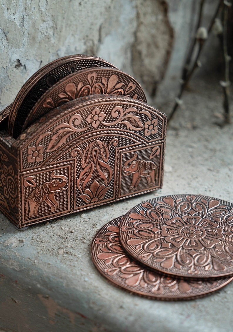 Set of 6 Embossed Coasters in Holder - Etsy