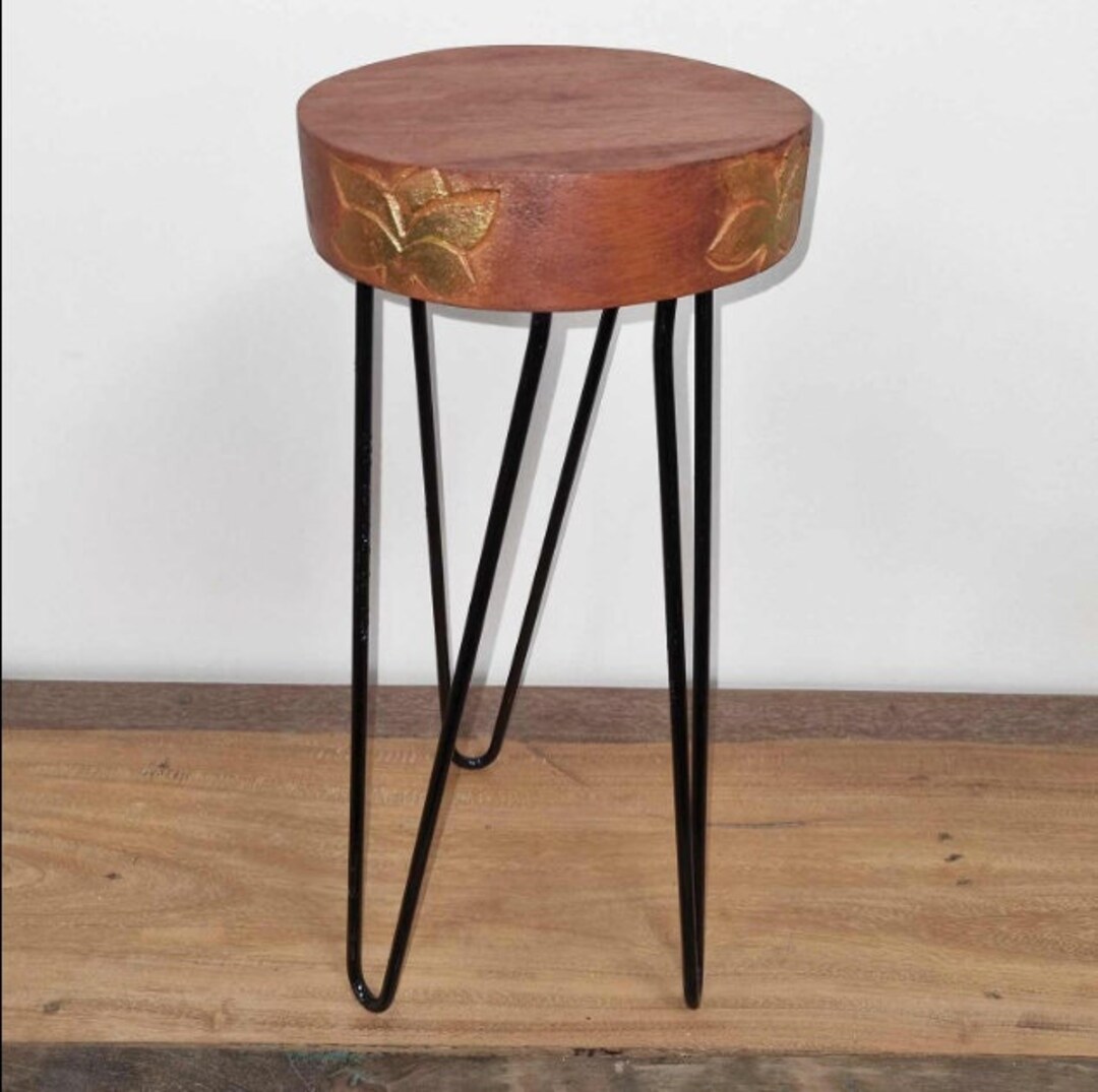 Wood Side Table, Wood Plant Stand Terracotta & Black Detail ...